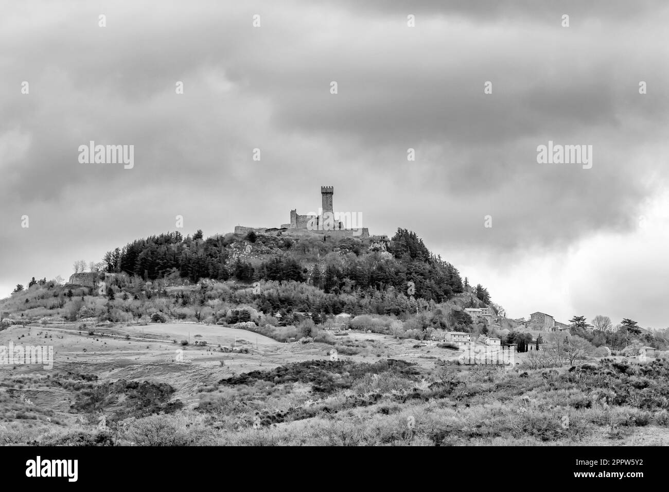 Panoramic black and white view of Radicofani, Italy, and its fortress ...