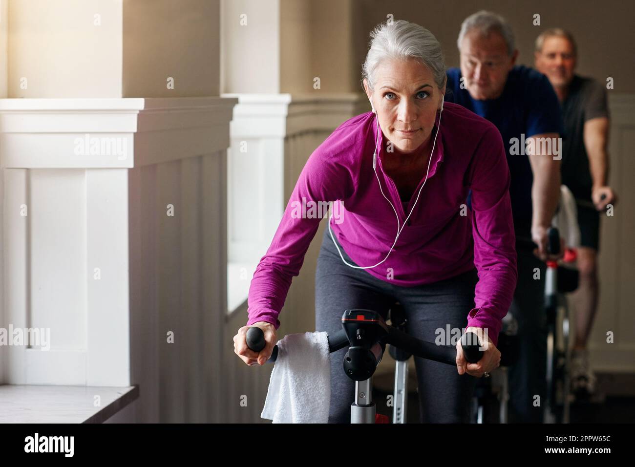 One spin at a time will get us to our fitness goal. a group of seniors ...