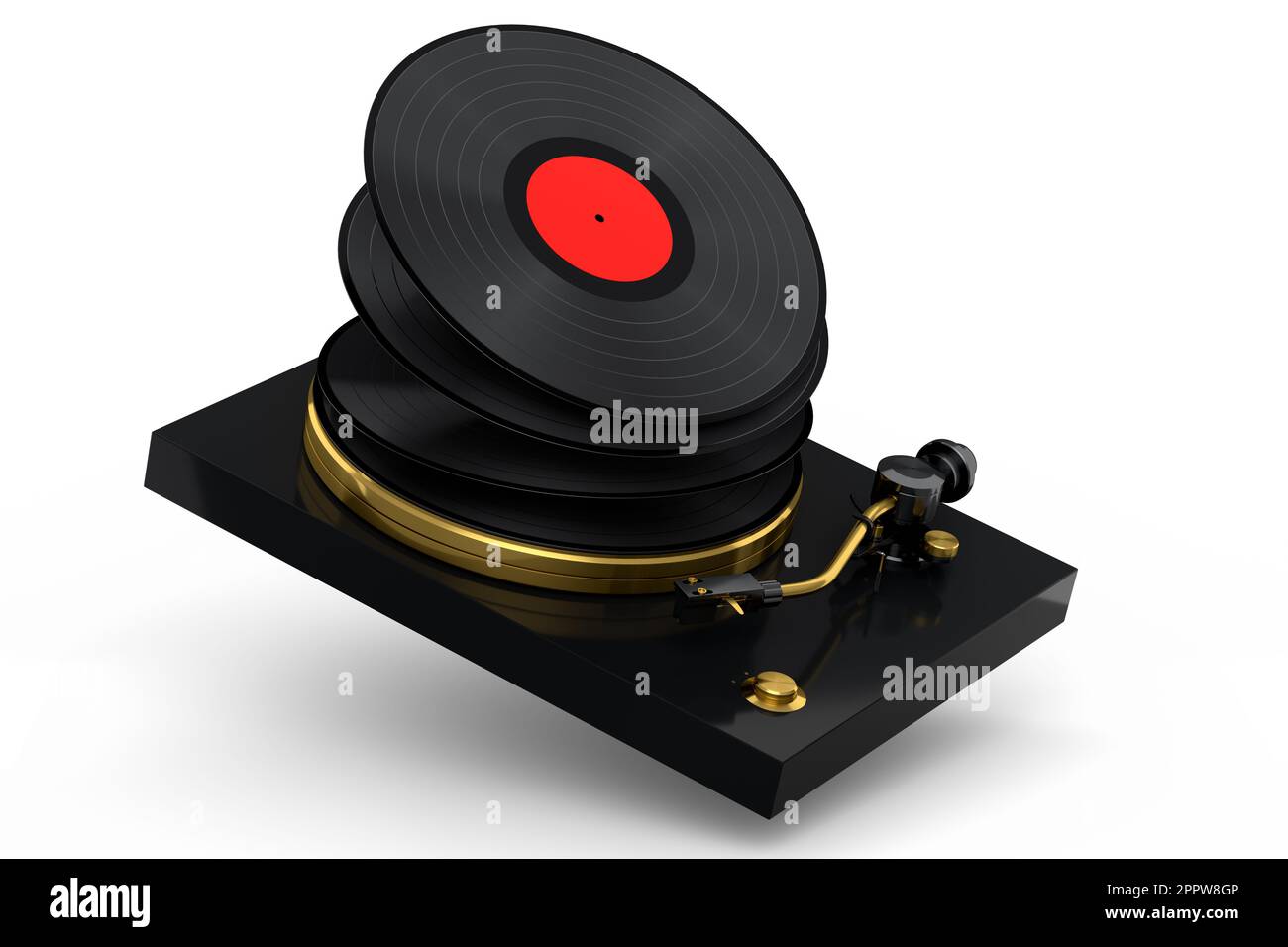 Vinyl record player or DJ turntable with flying vinyl plate on white ...
