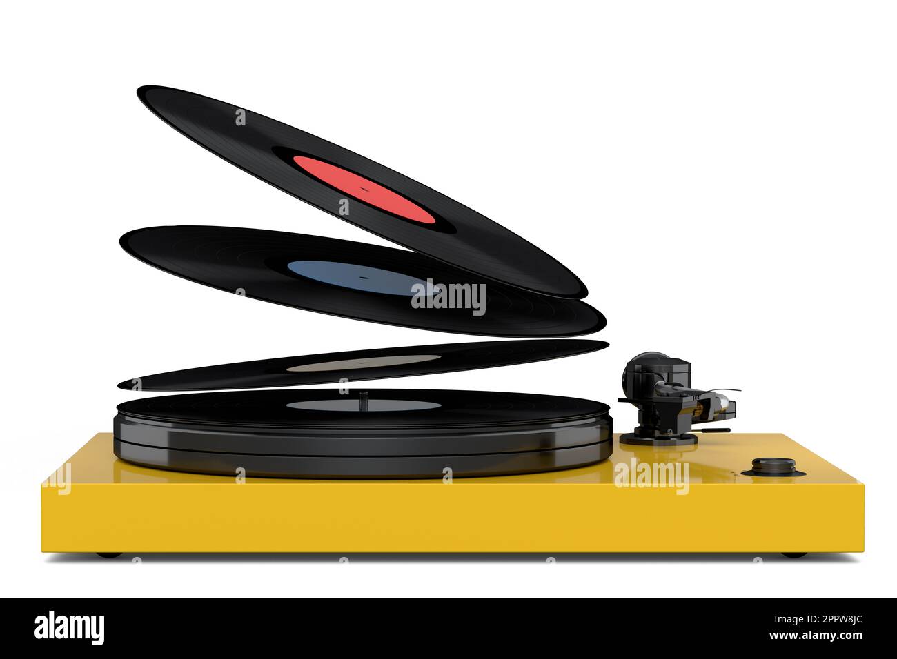 Vinyl record player or DJ turntable with flying vinyl plate on white ...