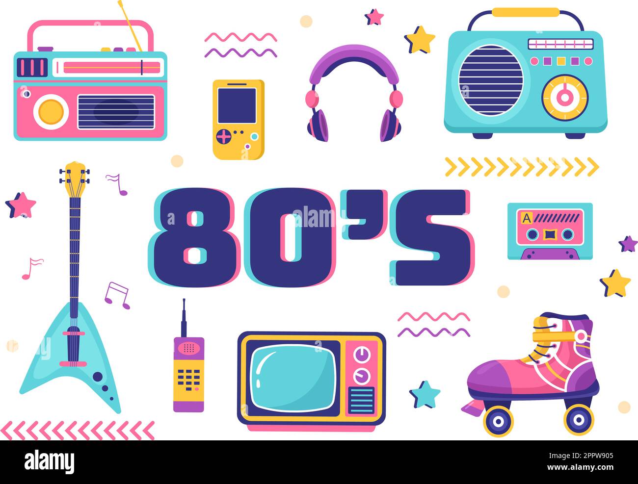 80s Party Cartoon Background Illustration with Retro Music, 1980 Radio ...