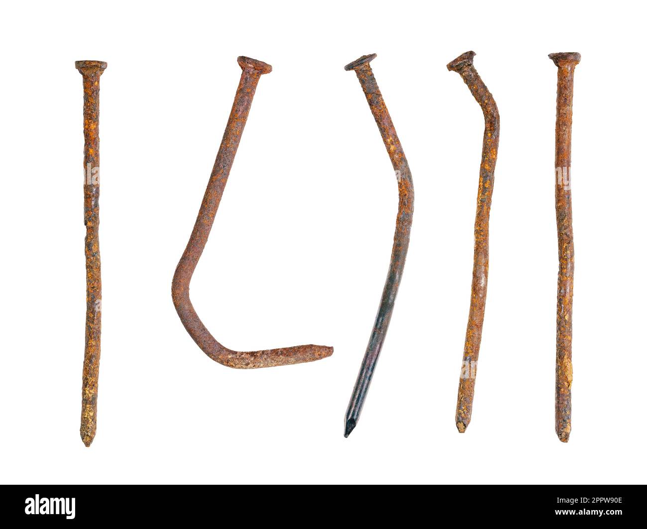 Old used and bent nails, rusted and oxidized close-up, isolated on a ...