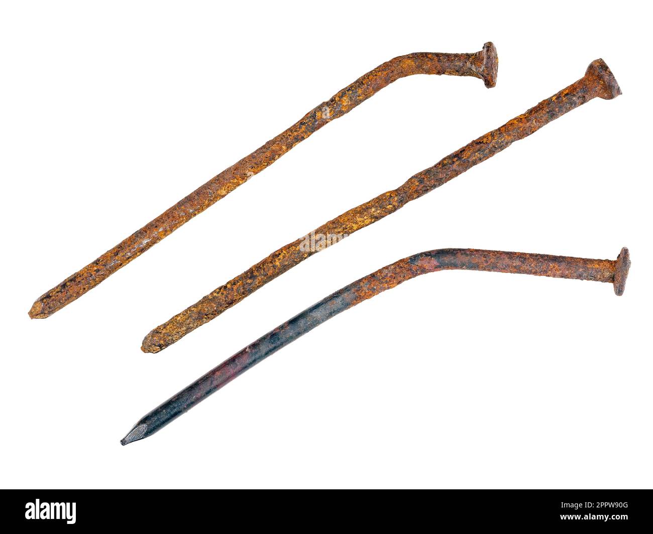 Old used and deformed nails, rusted and oxidized close-up, isolated on ...