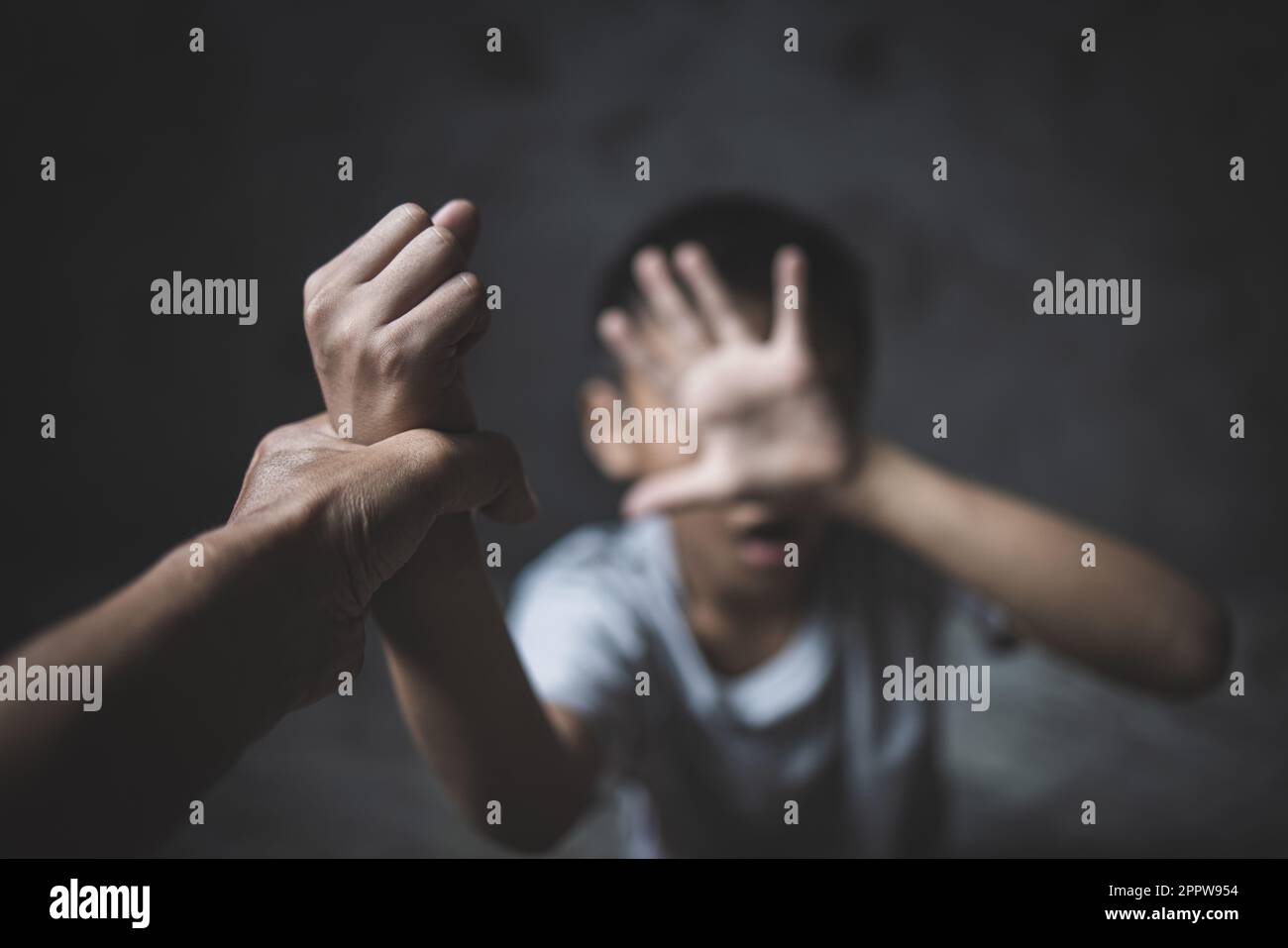 close up of little boy child stretch hand show no gesture protest ...