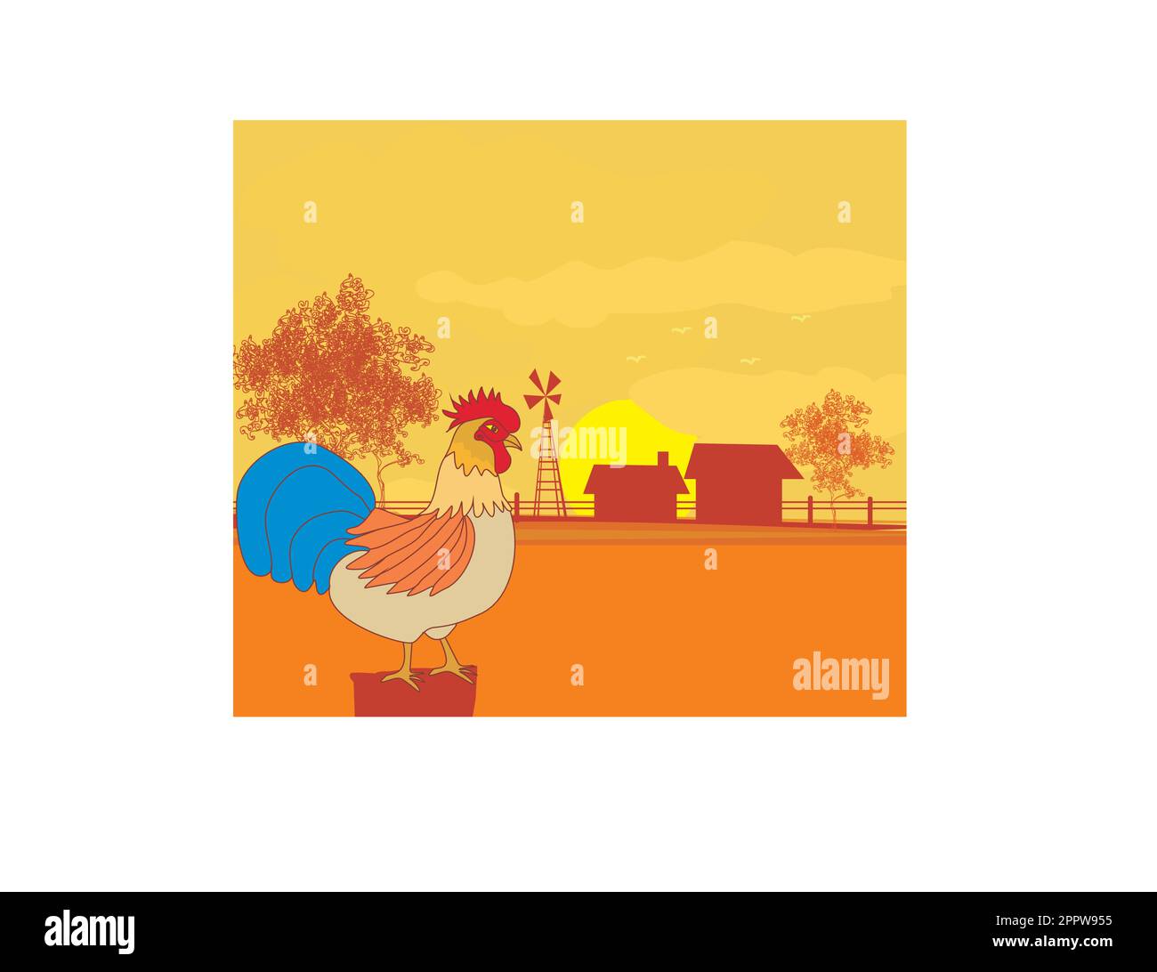 illustrations of crowing rooster on farm backgrounds Stock Vector Image ...
