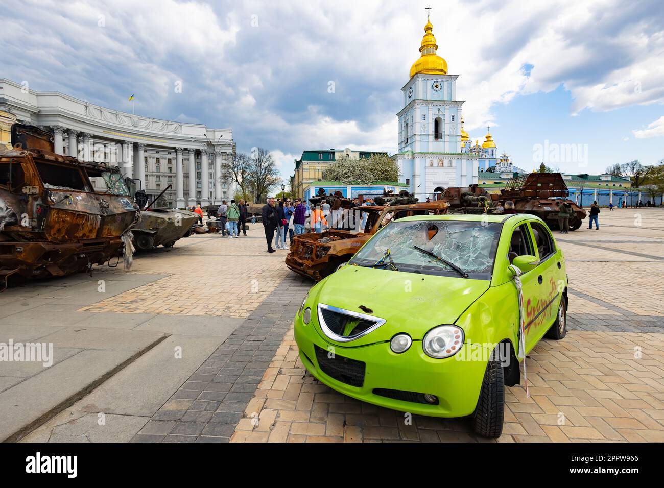 Kyiv, Ukraine - April 24, 2023: Ukrainian civilian cars shot by the ...