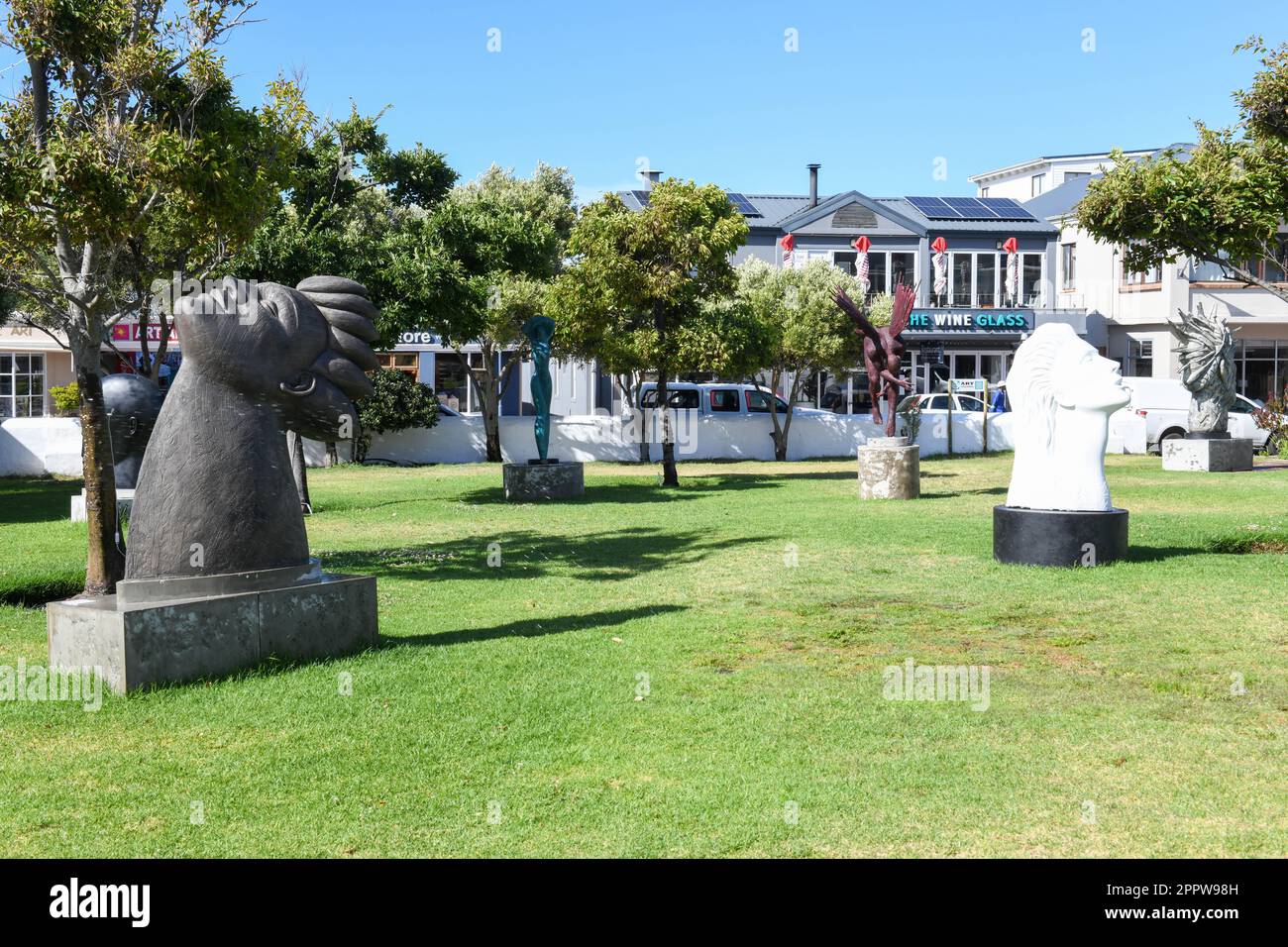 Hermanus, South Africa - 30 January 2023: Sculptures on the center of ...