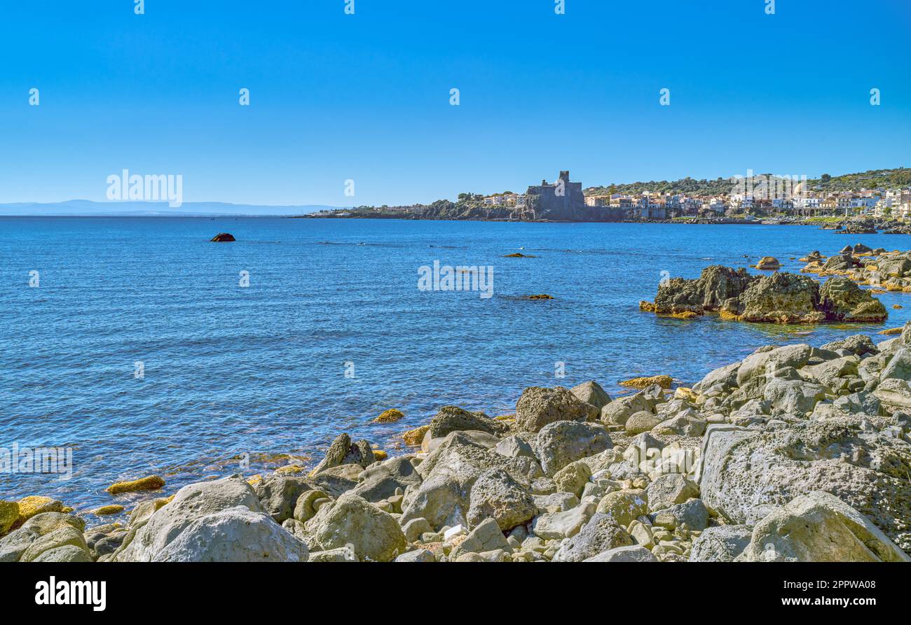 Aci Trezza, Italy, panoramic view of the coast with Aci Castello ...