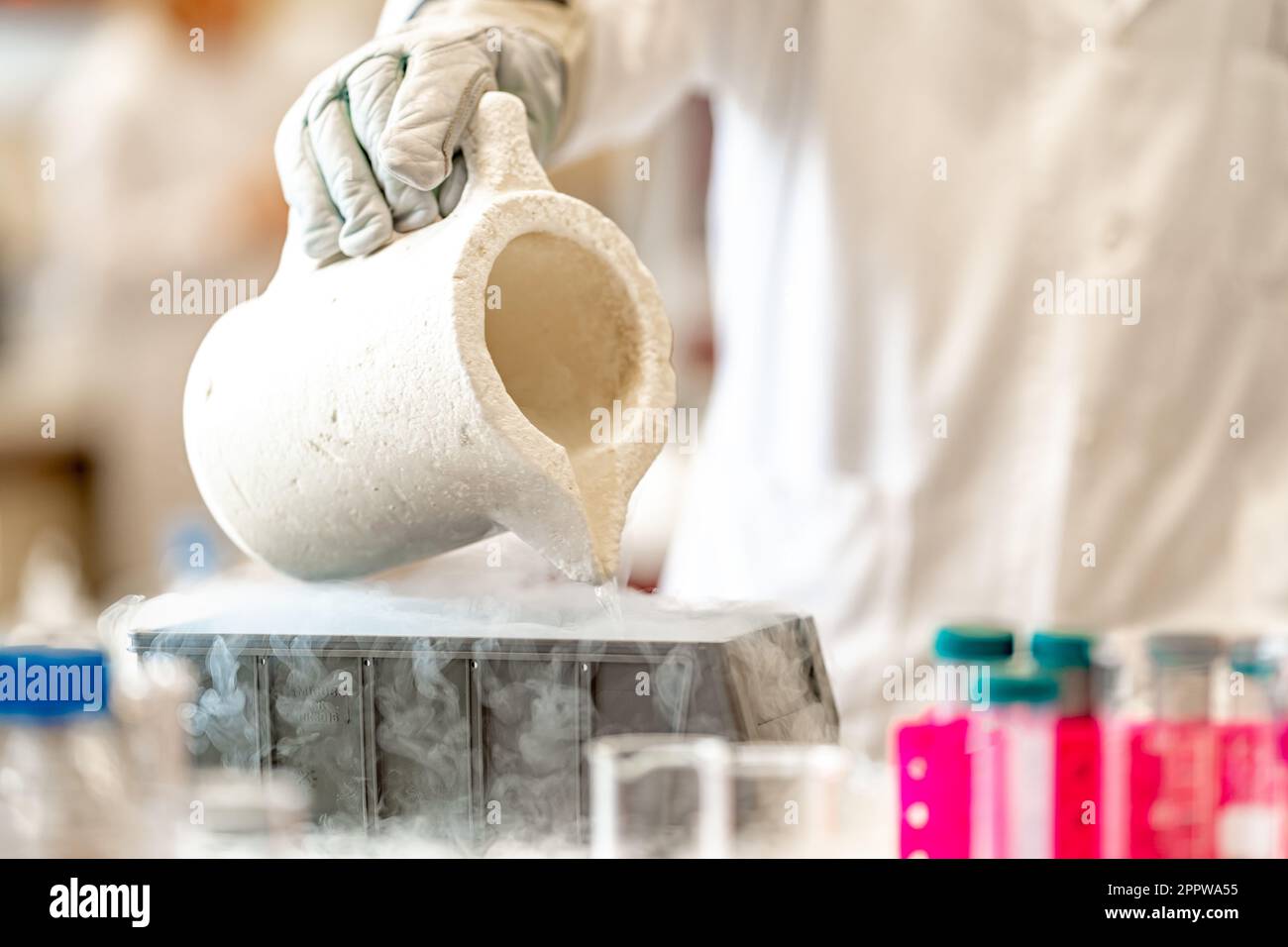 scientific experiments with liquid nitrogen in a research laboratory ...