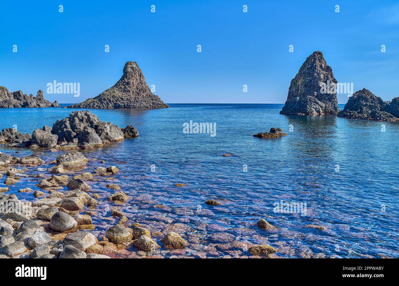 Aci Trezza, Italy, view of the stacks of the Cyclops marine nature ...