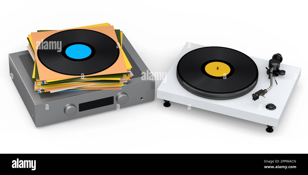 HiFi system with turntable and amplifier for home theater on white ...