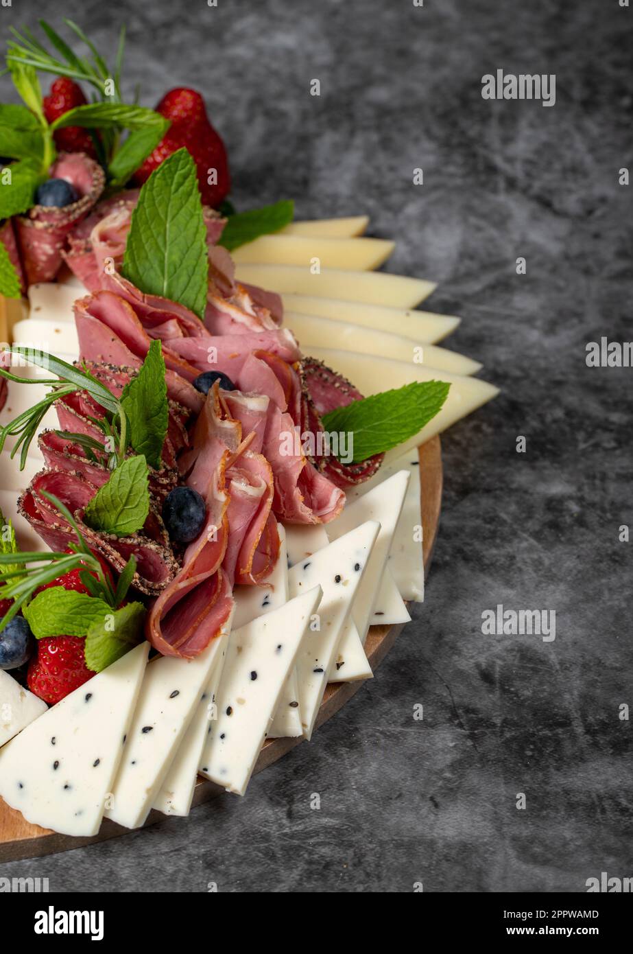 Antipasto set plate. Cold smoked meat plate. Antipasto with ham ...