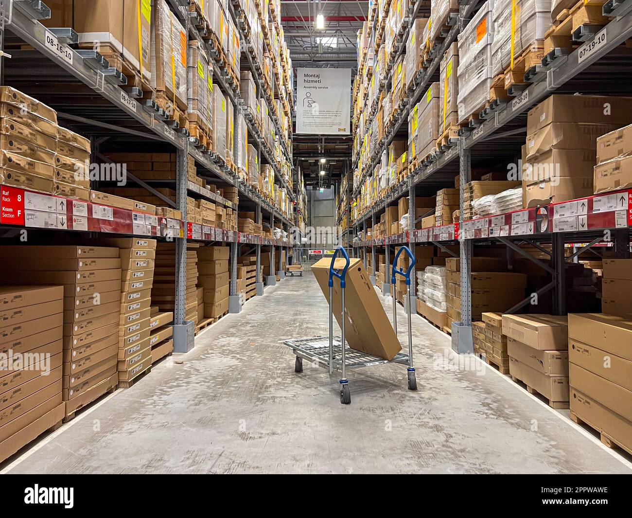 Antalya, Turkey - April 1, 2023: A cart in warehouse aisle in an IKEA ...