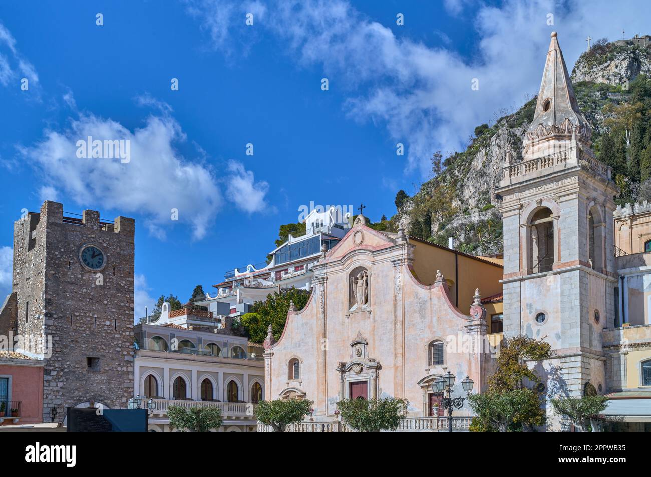 Taormina, Italy, the St. Giuseppe Church and the Clock Tower Gate Stock ...