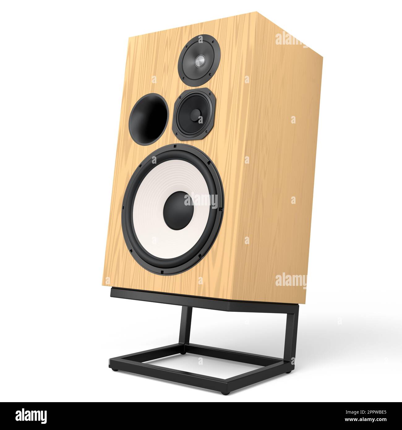 Hi-fi speakers with loudspeakers on stand isolated on white background ...