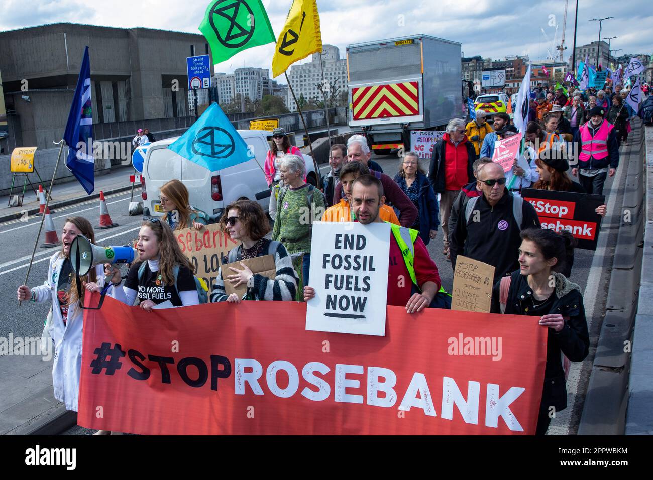 London, UK. 24th April, 2023. Stop Rosebank climate activists march ...