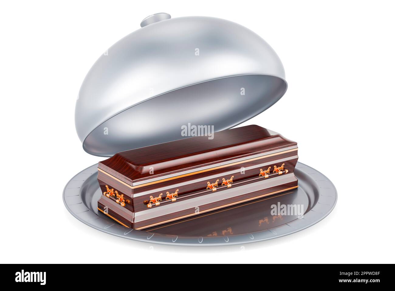 Restaurant cloche with wooden coffin, 3D rendering isolated on white ...