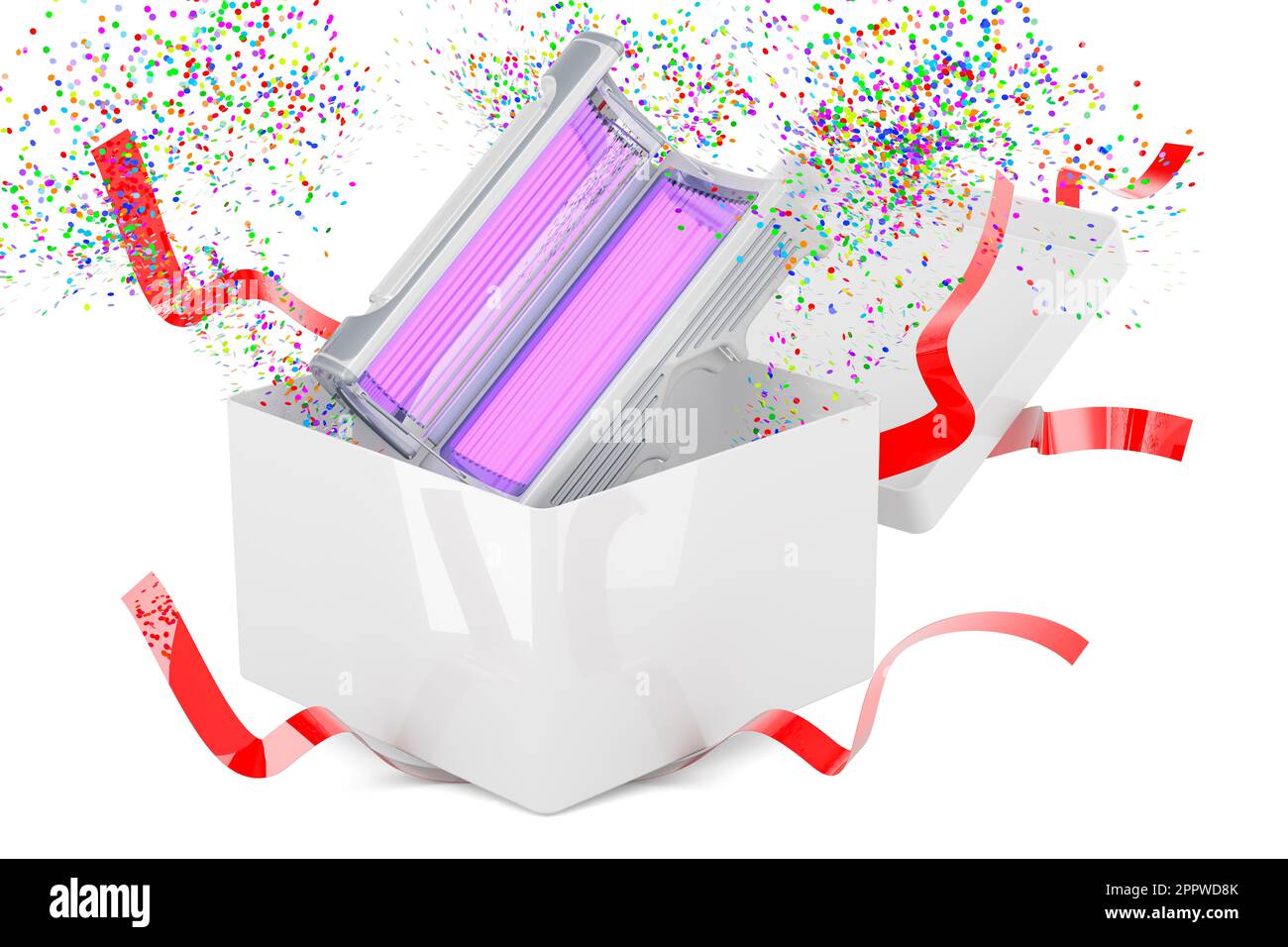 Tanning Bed inside gift box, 3D rendering isolated on white background ...