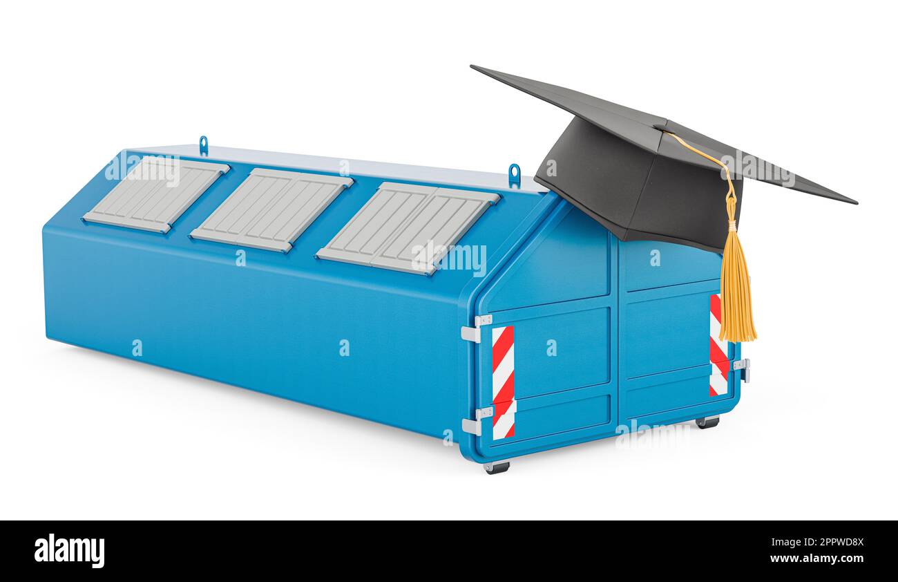 Industrial waste skip with graduation cap. 3D rendering isolated on ...