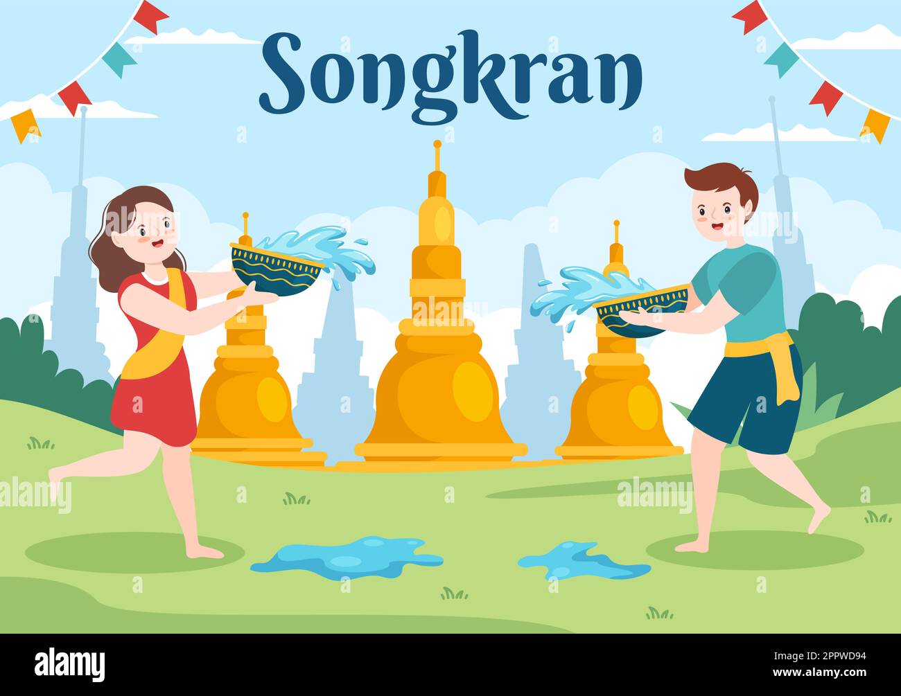 Happy Songkran Festival Day Hand Drawn Cartoon Illustration Playing ...