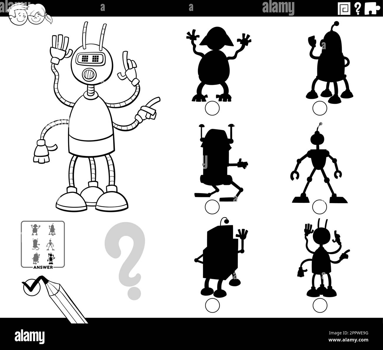 shadow game with cartoon robot coloring page Stock Vector Image & Art ...