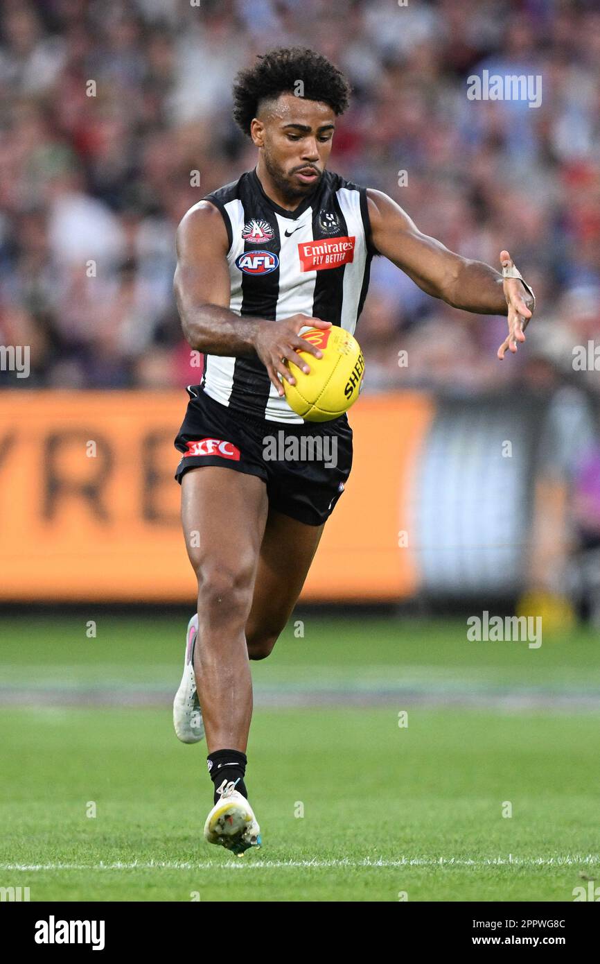 Isaac Quaynor of Collingwood kicks the footy during the AFL Round 6 ...