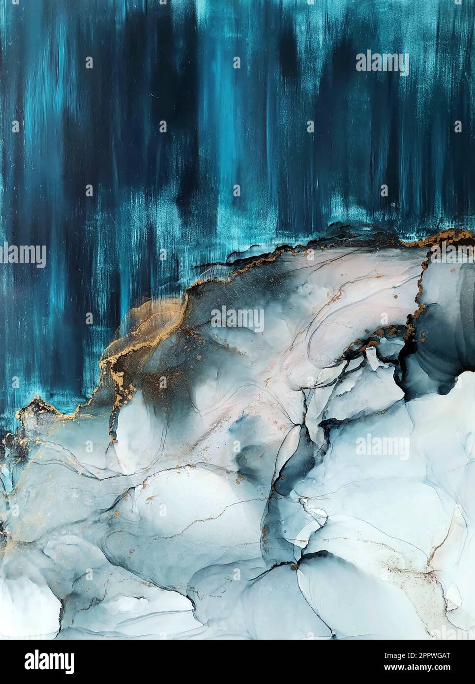 Abstract alcohol ink art and oil painting on canvas with golden details ...