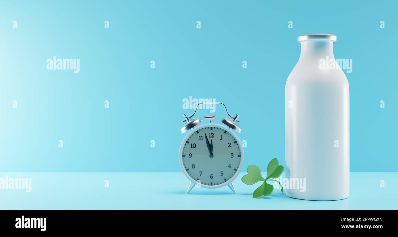 Milk day.Full bottle clover leaf alarm clock.3d rendering Stock Photo ...