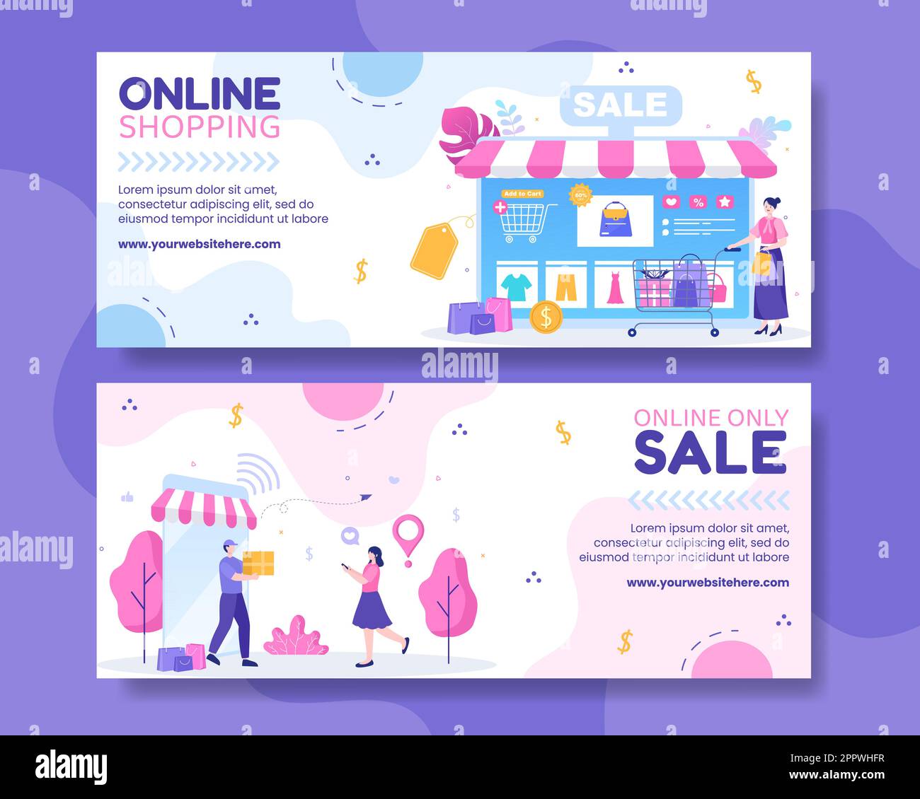Online Shopping Horizontal Banner Template Flat Cartoon Background ...