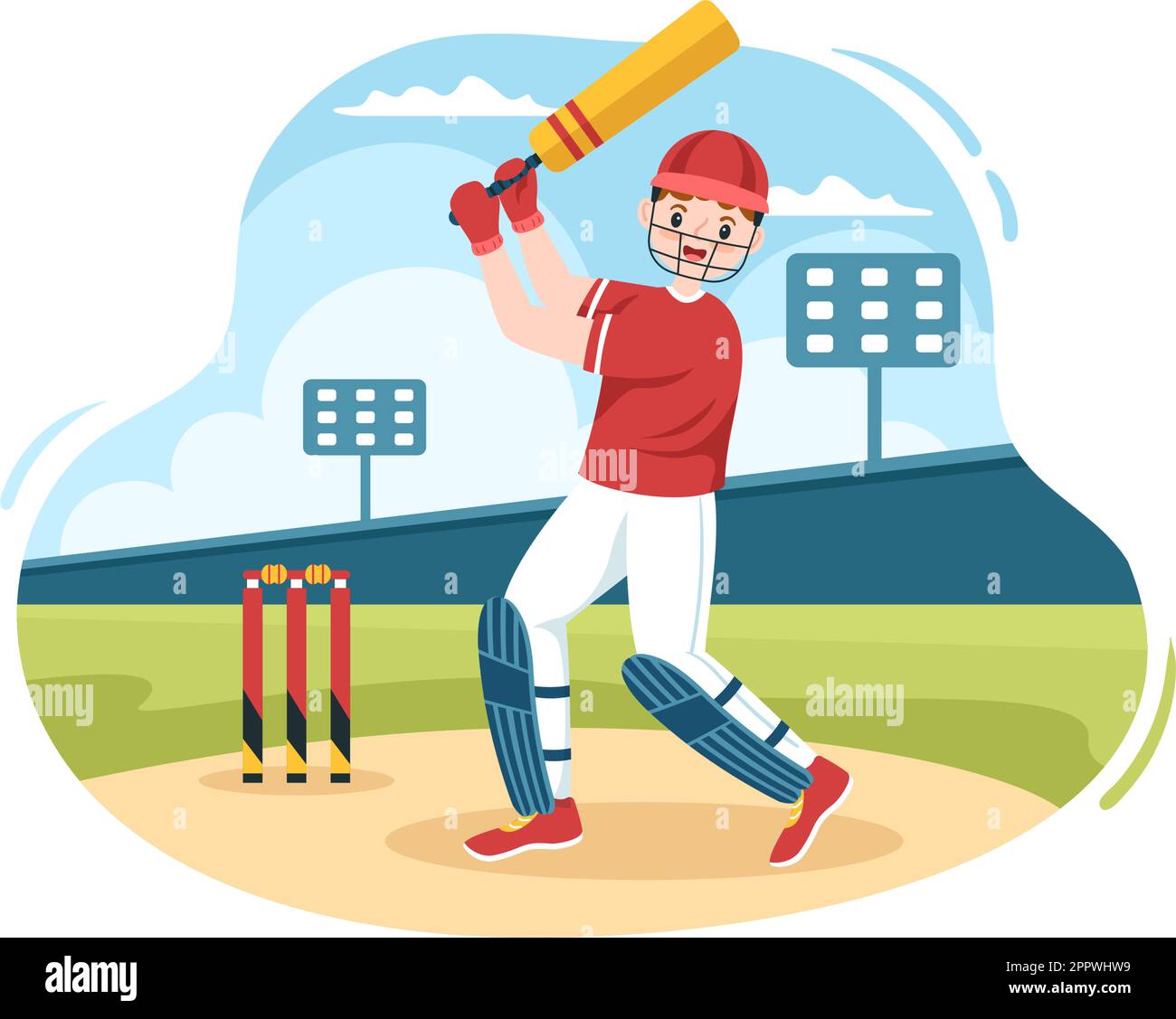 Batsman Playing Cricket Sports with Ball and Stick in Flat Cartoon ...