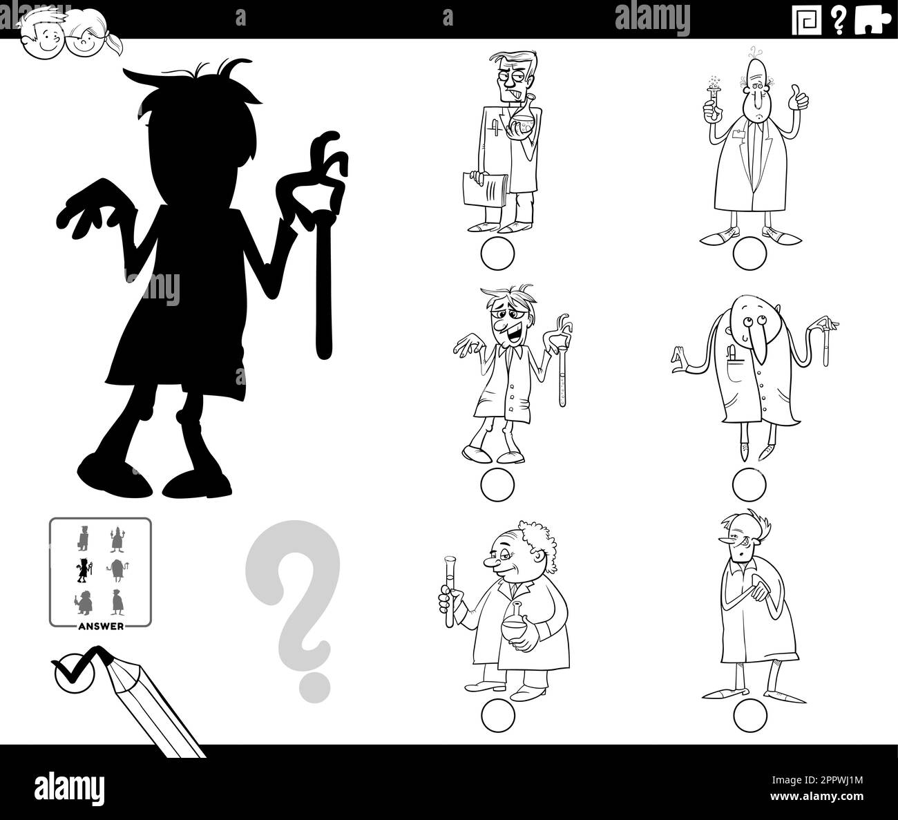 shadow game with cartoon scientists coloring page Stock Vector Image ...