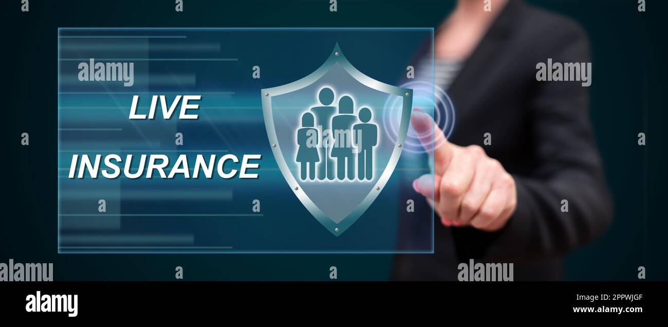 Woman touching a life insurance concept on a touch screen with her ...