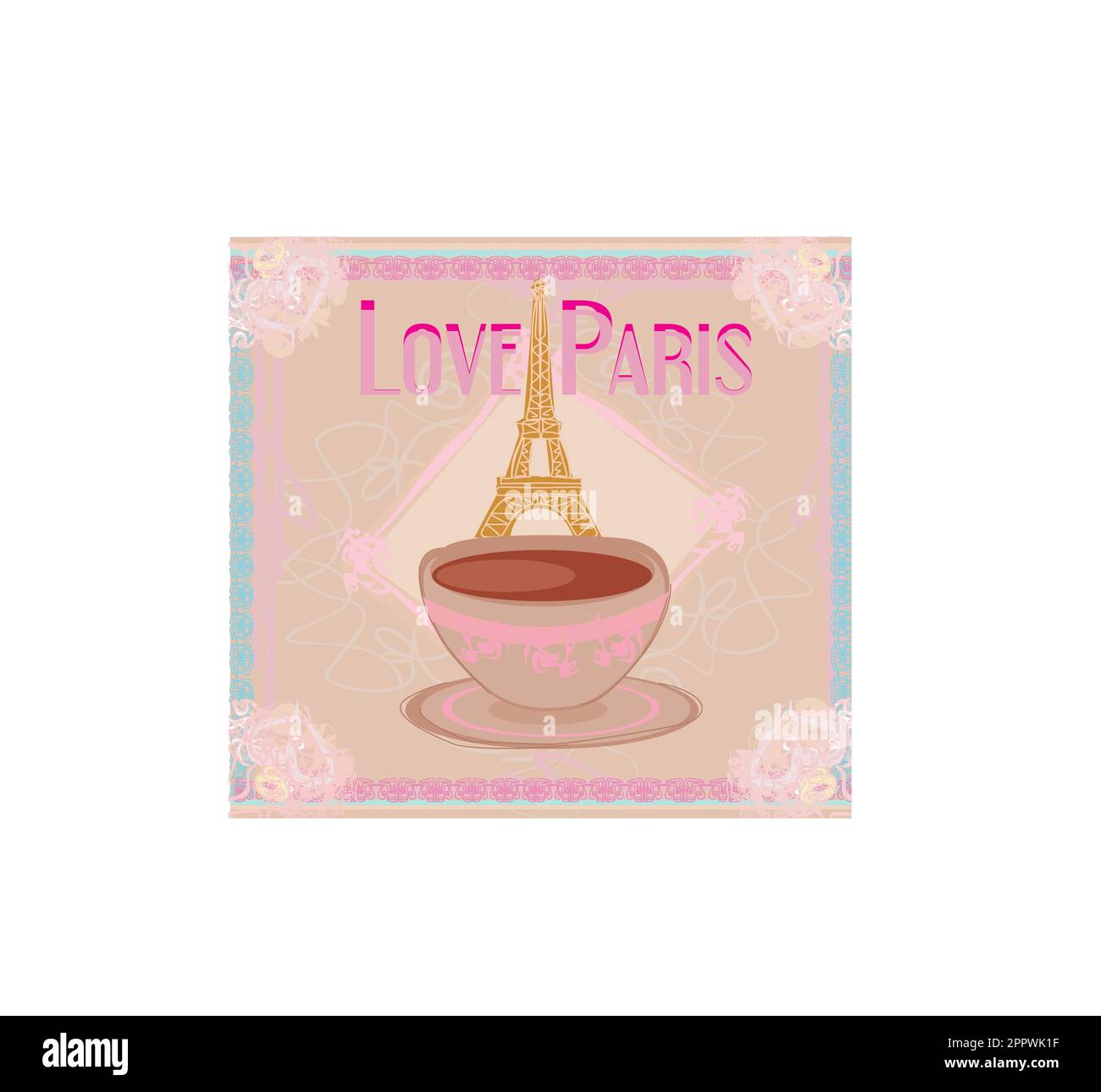 love Paris with tower Eiffel and coffee over pink background. vector ...
