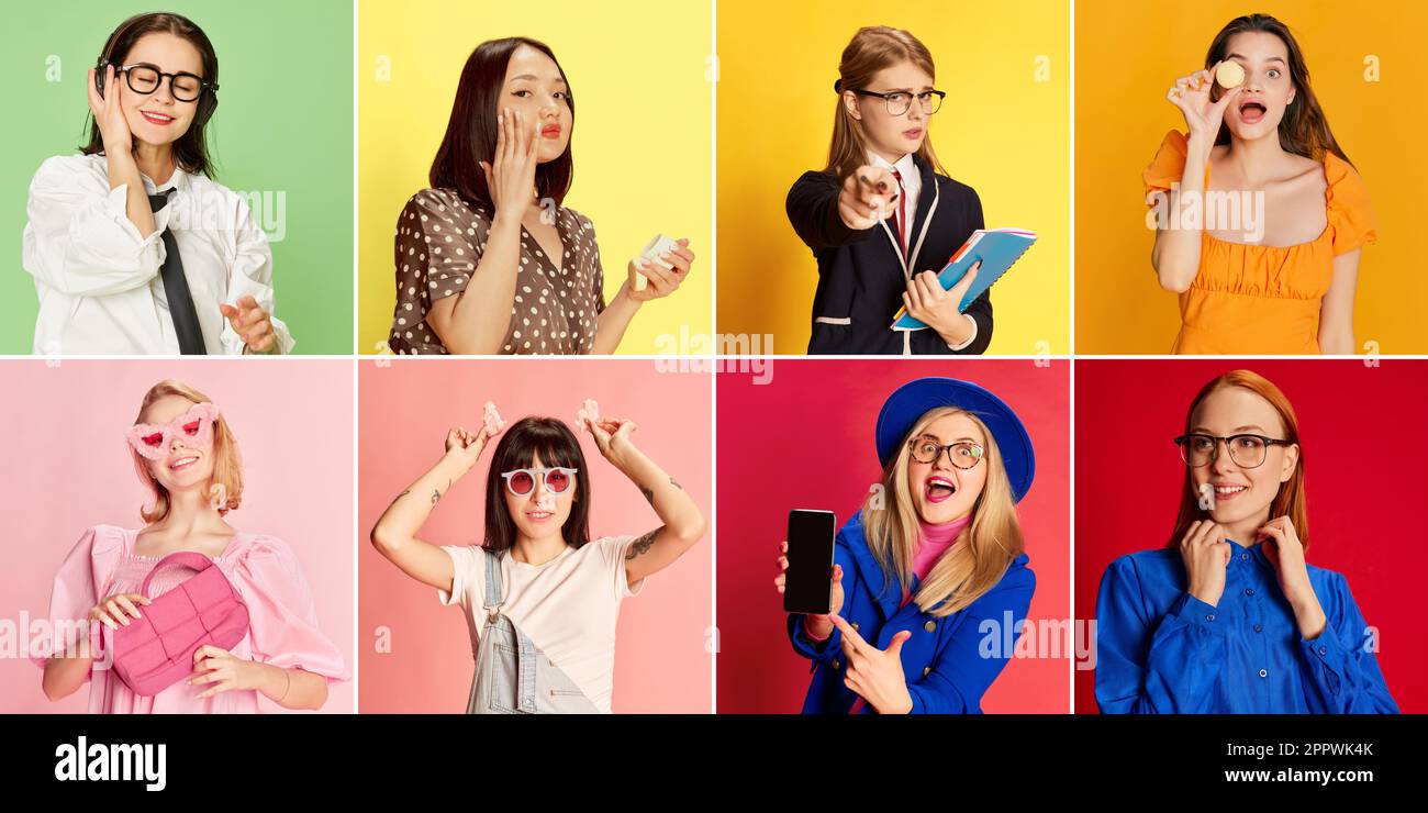 Collage made of different portraits of young beautiful women posing in ...