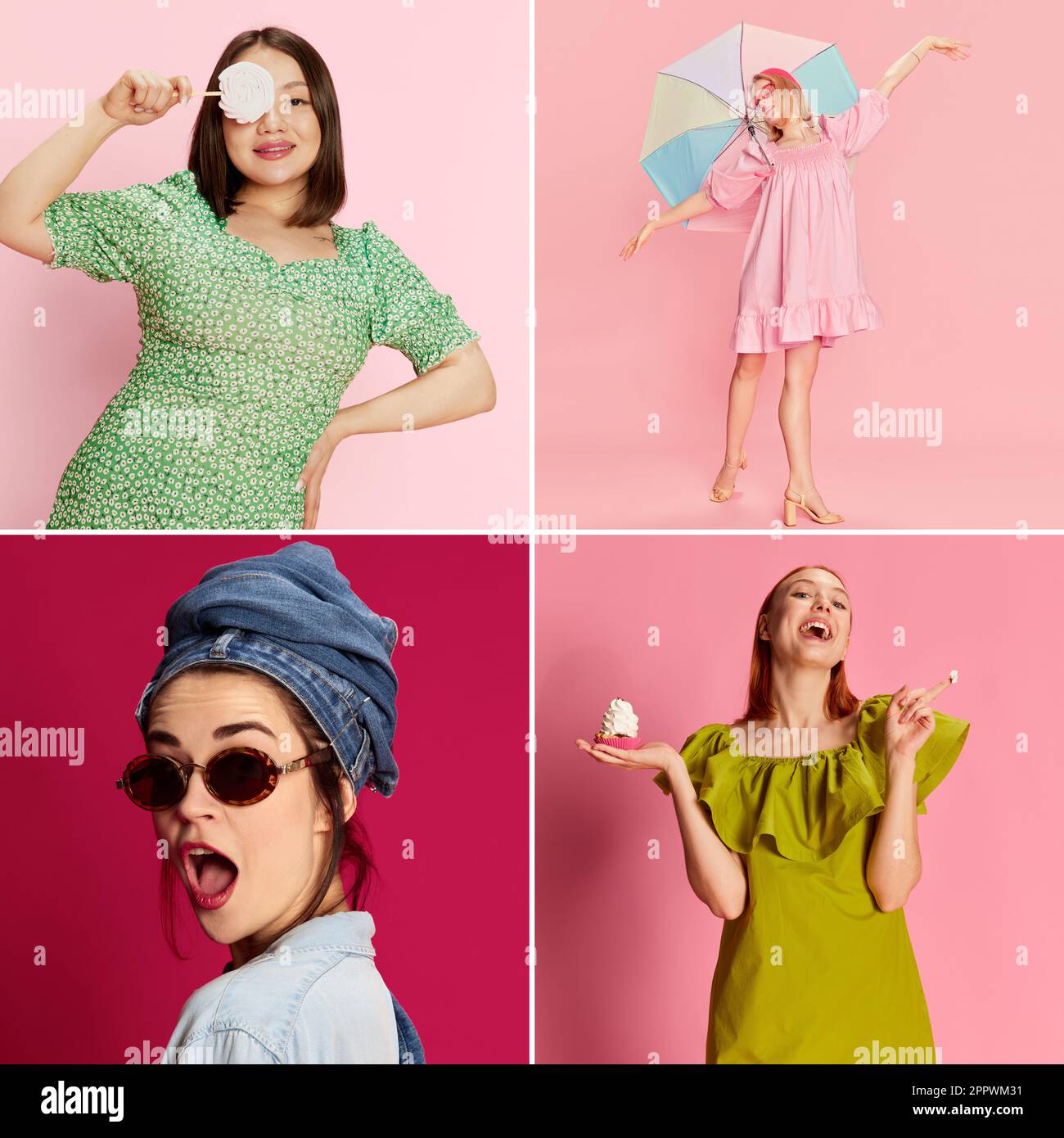Collage. Portraits of four stylish, beautiful, young women posing with ...