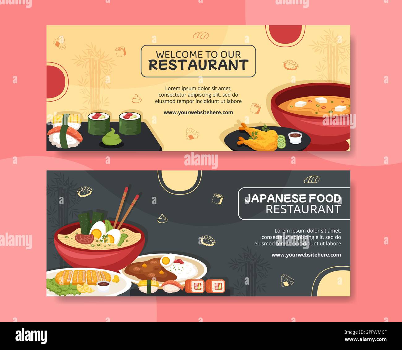 Japanese Food Horizontal Banner Template Flat Cartoon Background Vector ...
