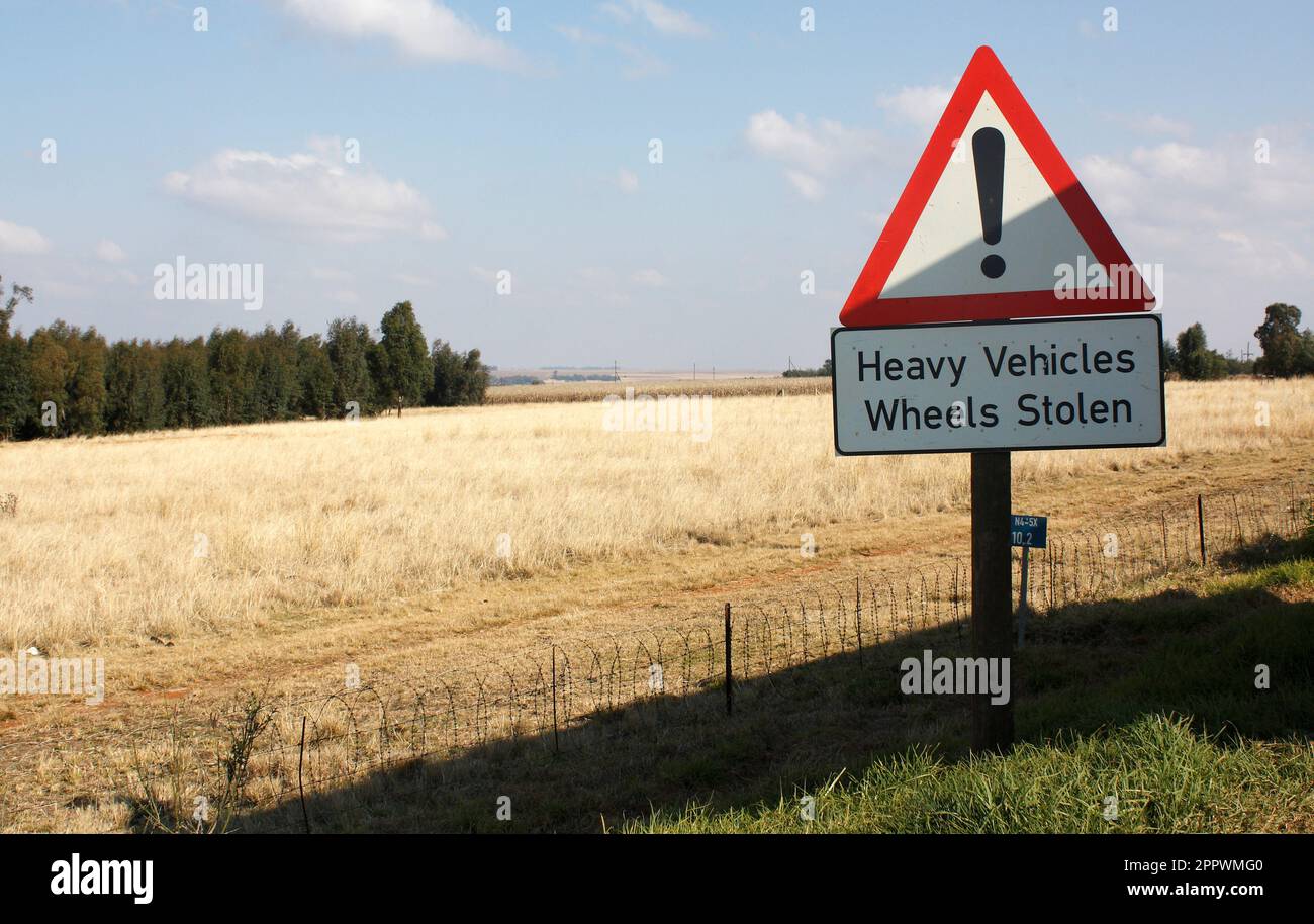 Roadside warning sign in rural landscape near Carolina, Mpumalanga ...