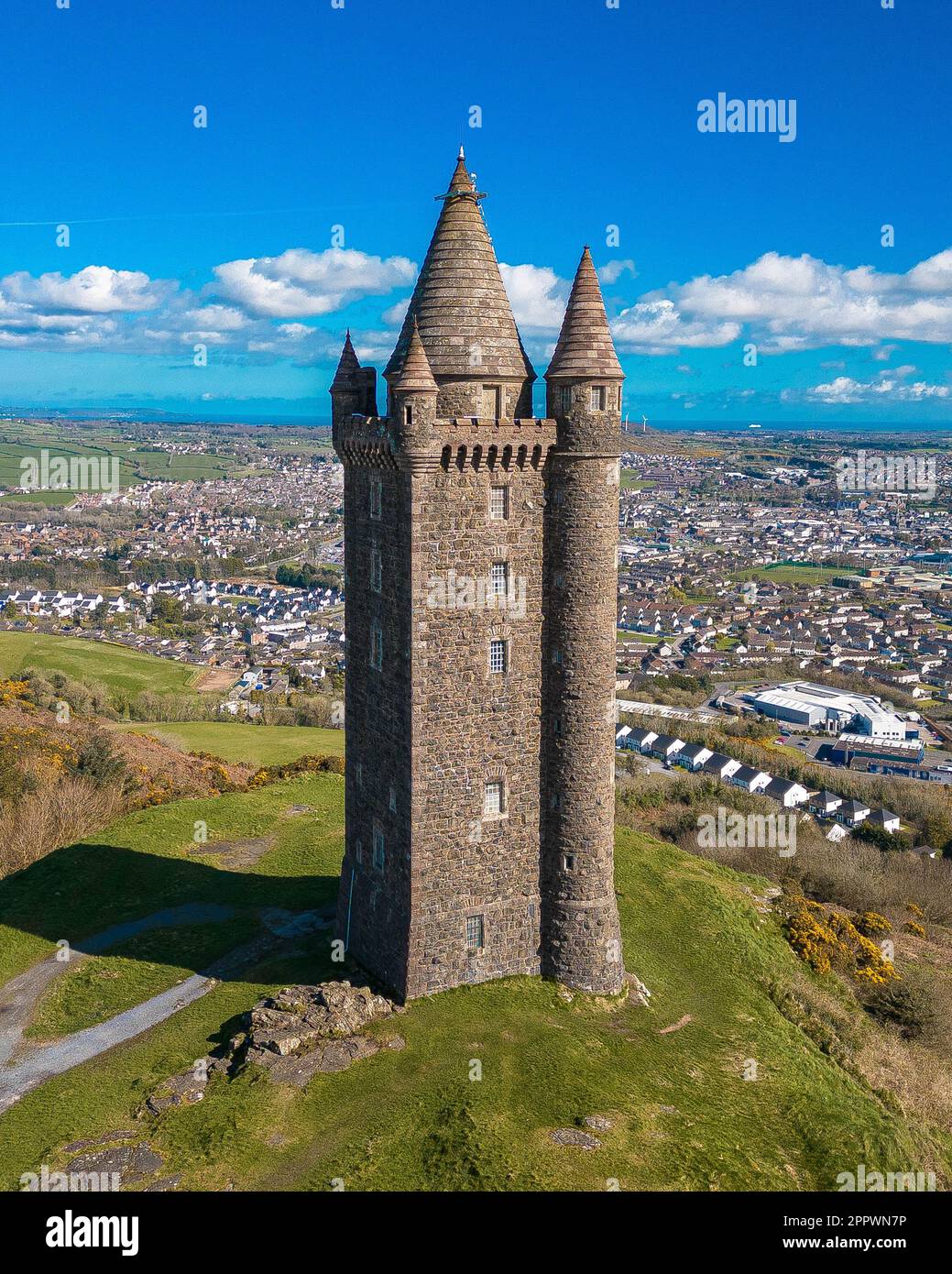An aerial view of the majestic Scrabo Tower in Northern Ireland ...