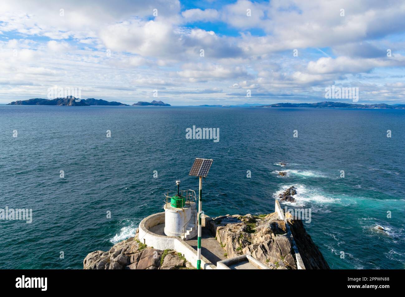 Aerial view of Monteferro lighthouse and Vigo estuary with Cies islands ...