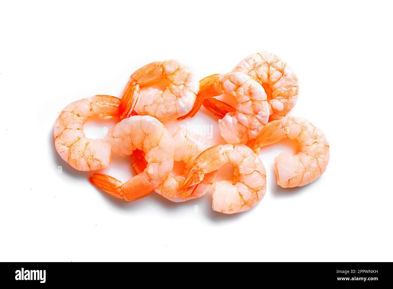 Pile of Shrimps isolated on white background. Fresh peeled prawn ...