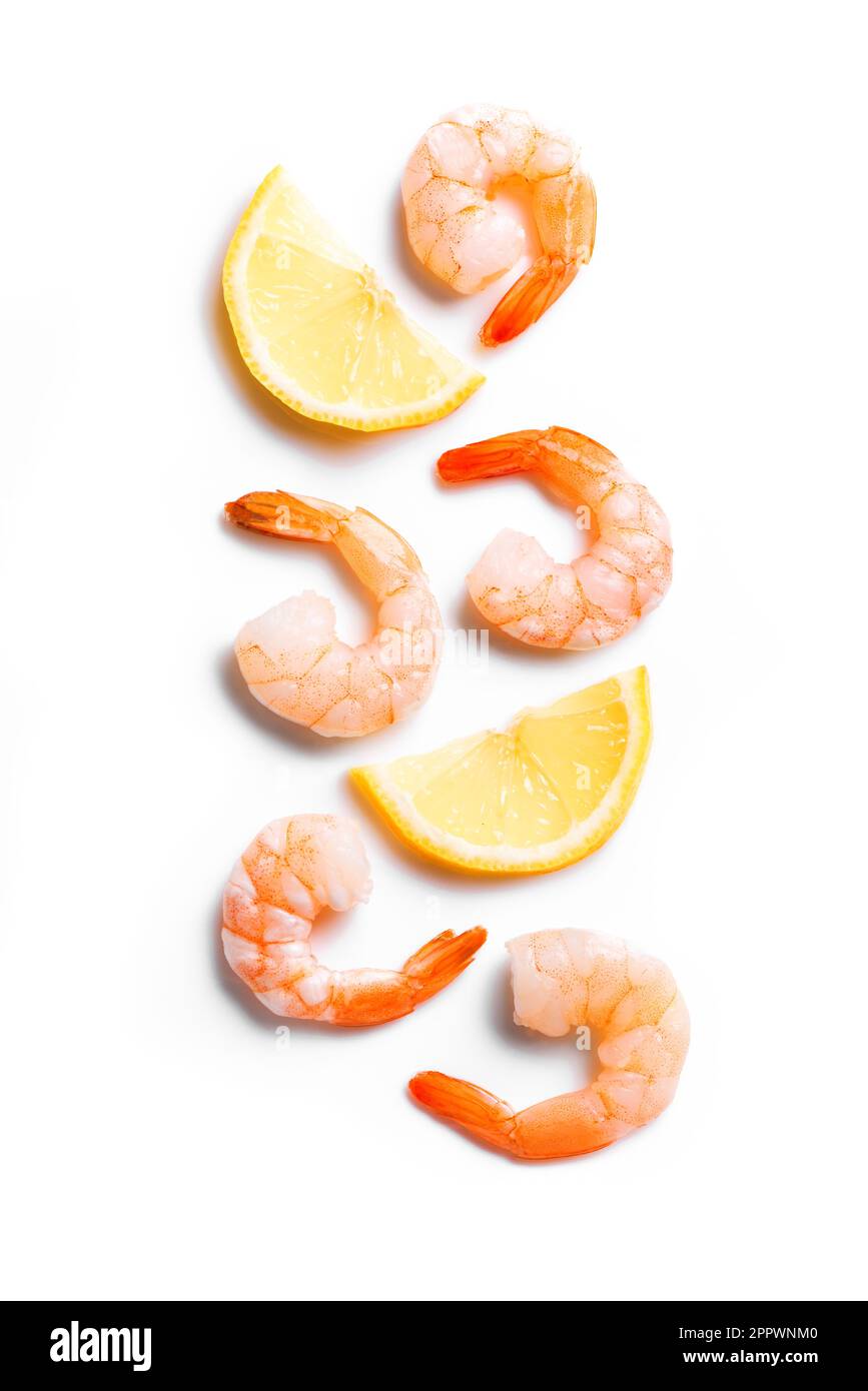 Shrimp Tails And Lemon Pieces Isolated On White Background Fresh Prawn