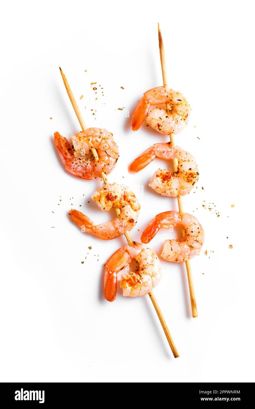 Grilled Shrimp Skewers isolated on white background. Fried spicy prawn ...