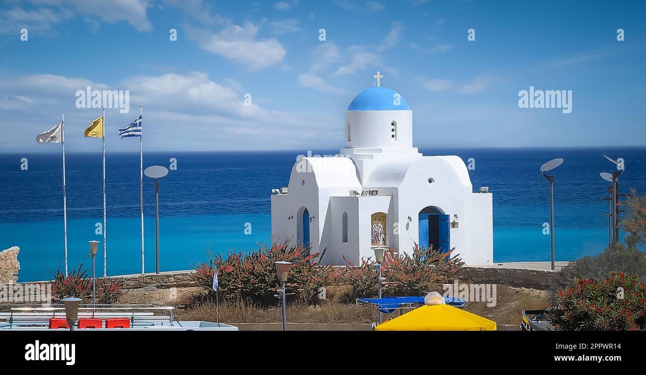 Landscape with Saint Nicholas church in Protaras, Cyprus Stock Photo ...