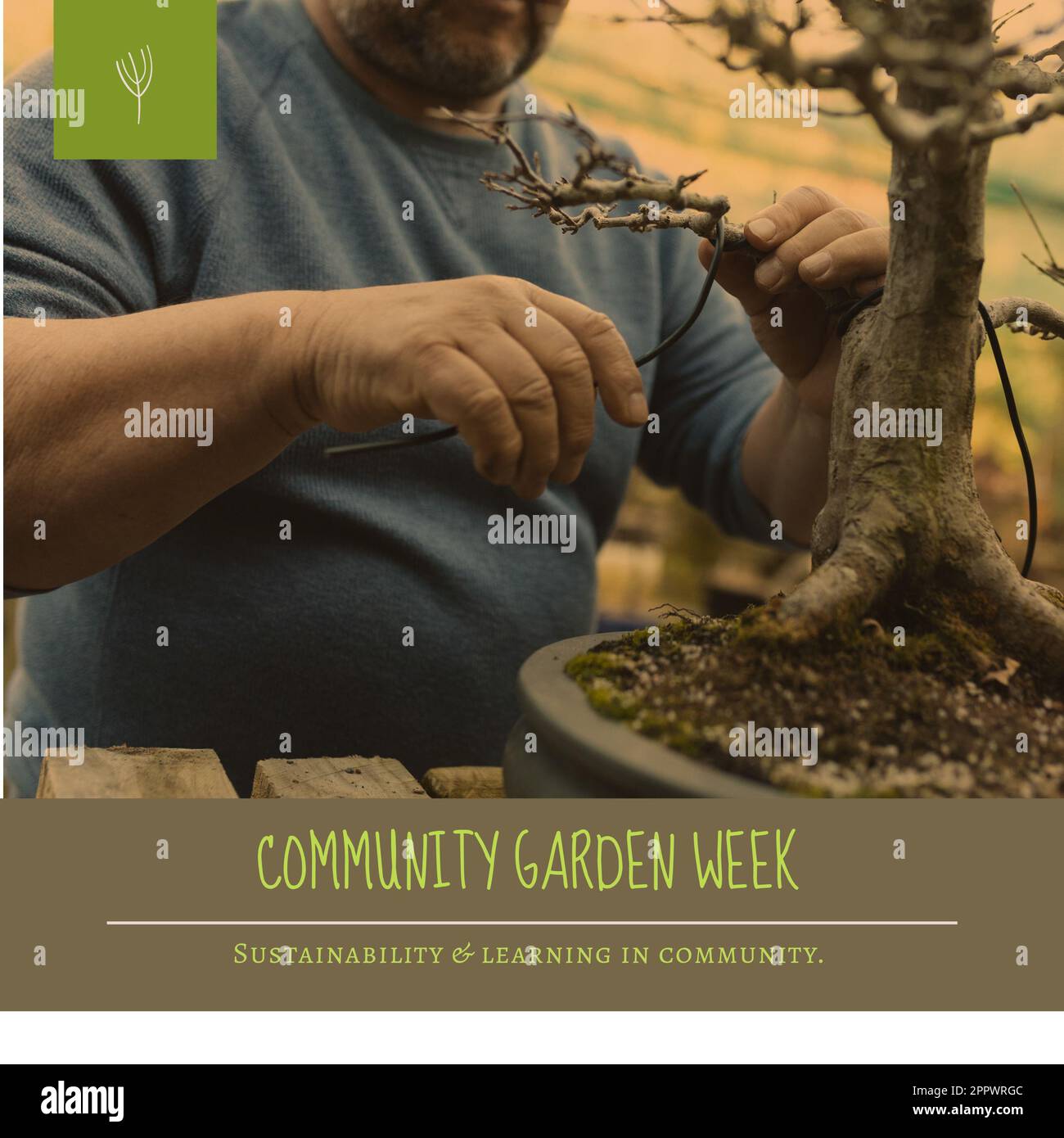 Composition of community garden week text and caucasian man gardening ...