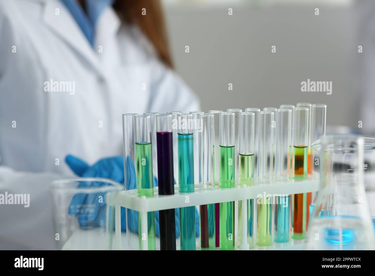 Colored toxic and poisonous liquids in test tubes in laboratory Stock ...