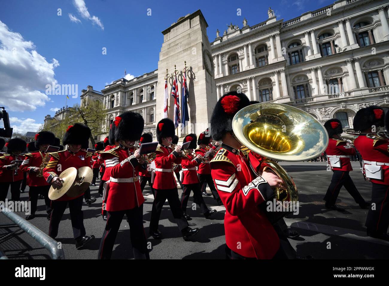The band of the Coldstream Guards parade past the Cenotaph in central ...