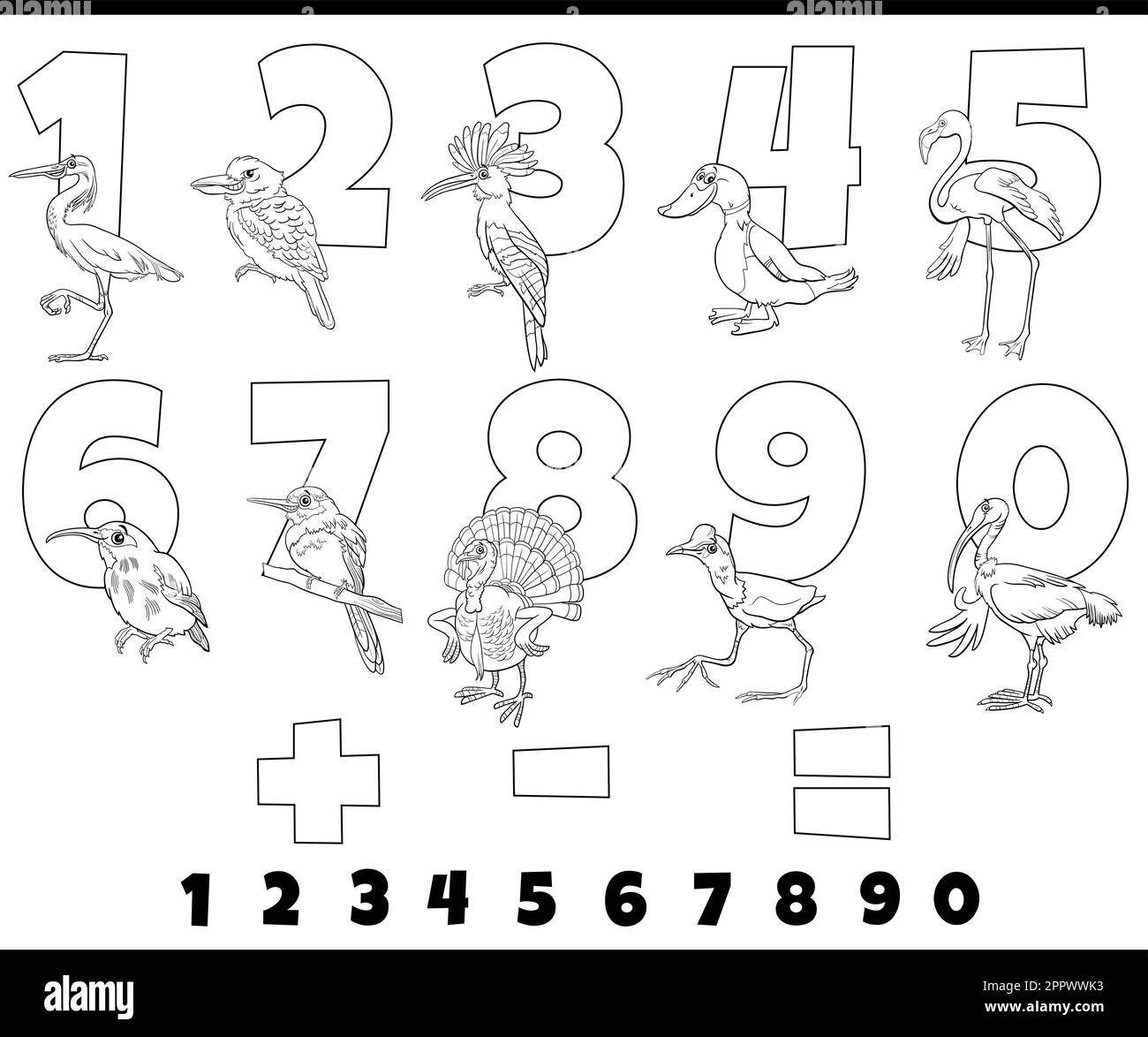 educational numbers set with comic birds coloring page Stock Vector ...