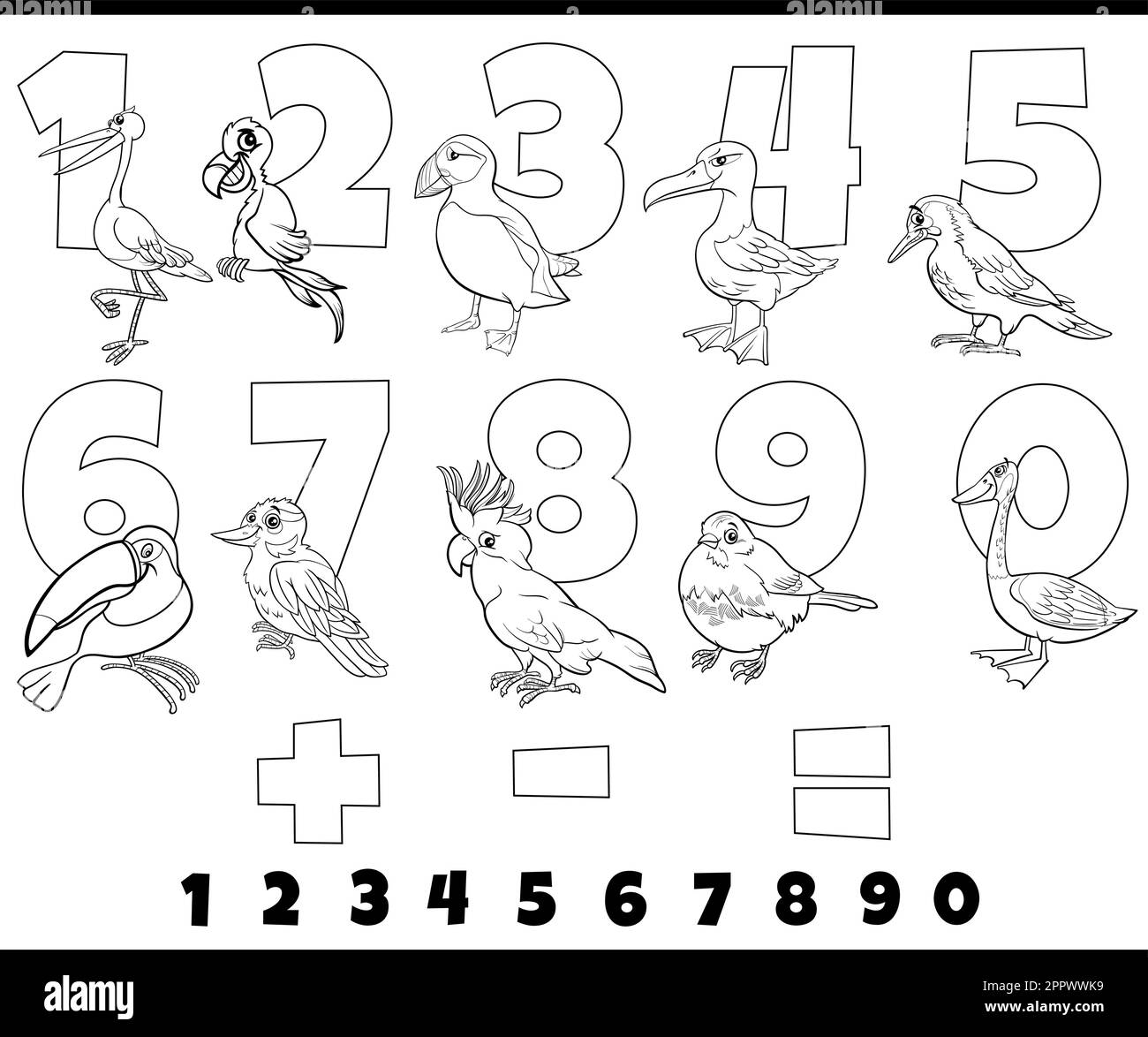 educational numbers set with cartoon birds coloring page Stock Vector ...