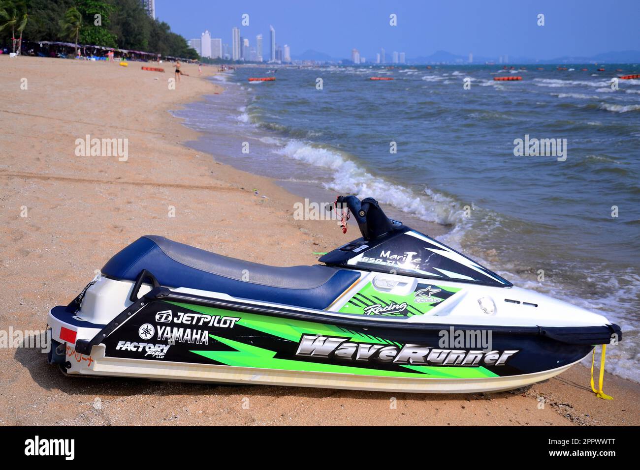 A jet ski on the beach in Jomtien, Pattaya, Thailand, Asia, buildings ...