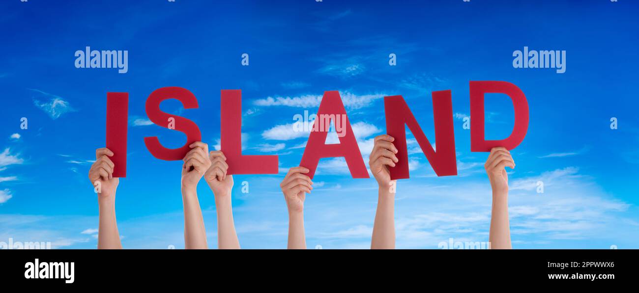 People Hands Building Word Island Means Iceland, Blue Sky Stock Photo ...